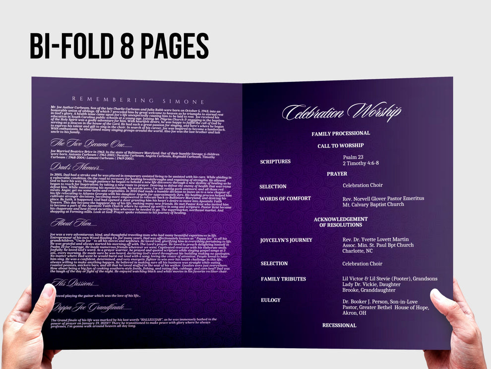 8.5"x11" BOOKLET Memorial program (8 pages) | Purple Funeral Program ...