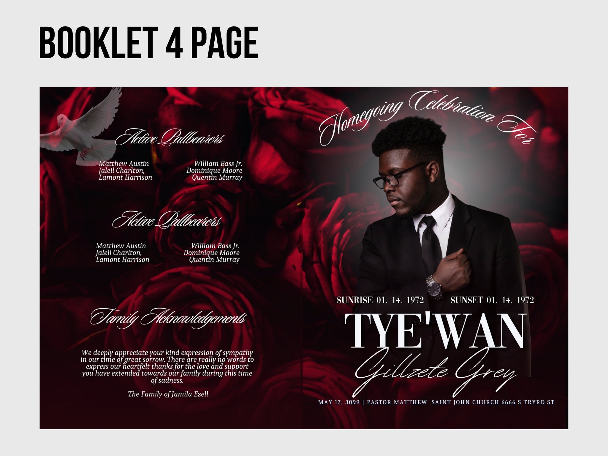 8.5"x11" BOOKLET Memorial program (4 pages)| Red Rose Funeral Program ...